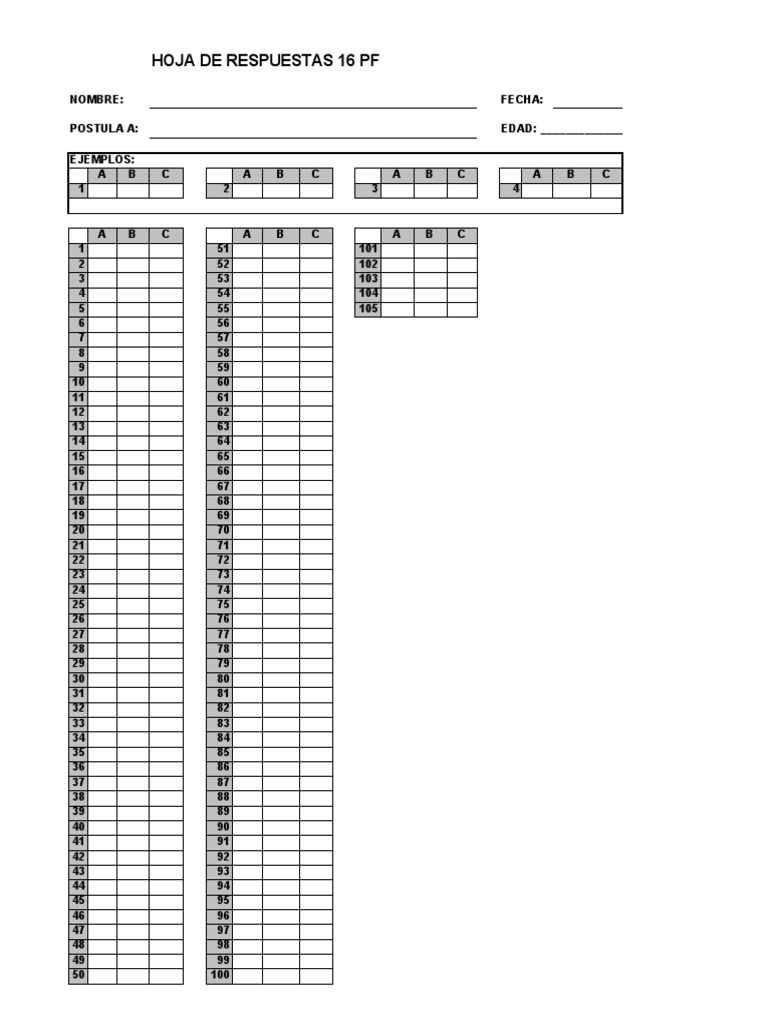 Hoja Respuestas 16PF Forma C | PDF
