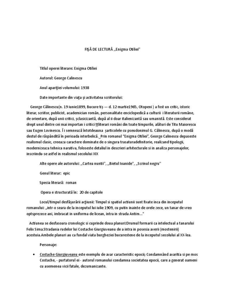 Fisa de Lectura Enigma Otiliei | PDF