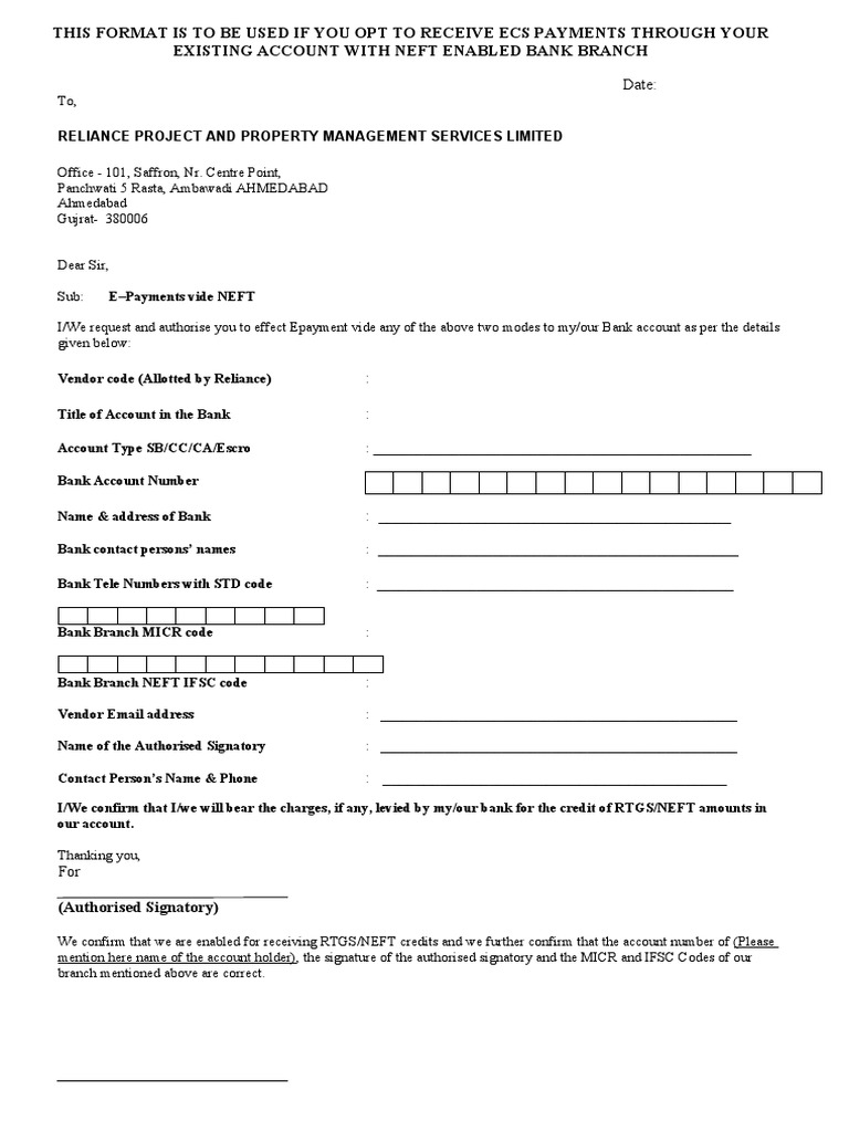 NEFT E-Payment Authorization Form | PDF | Career & Growth