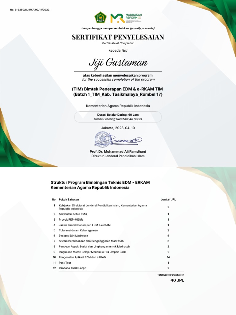 Sertifikat Penyelesaian Program Pelatihan EDM dan e-RKAM | PDF