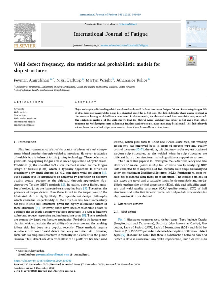 Weld Defect Frequency, Size Statistics and Probabilistic Models For Ship Structures | PDF
