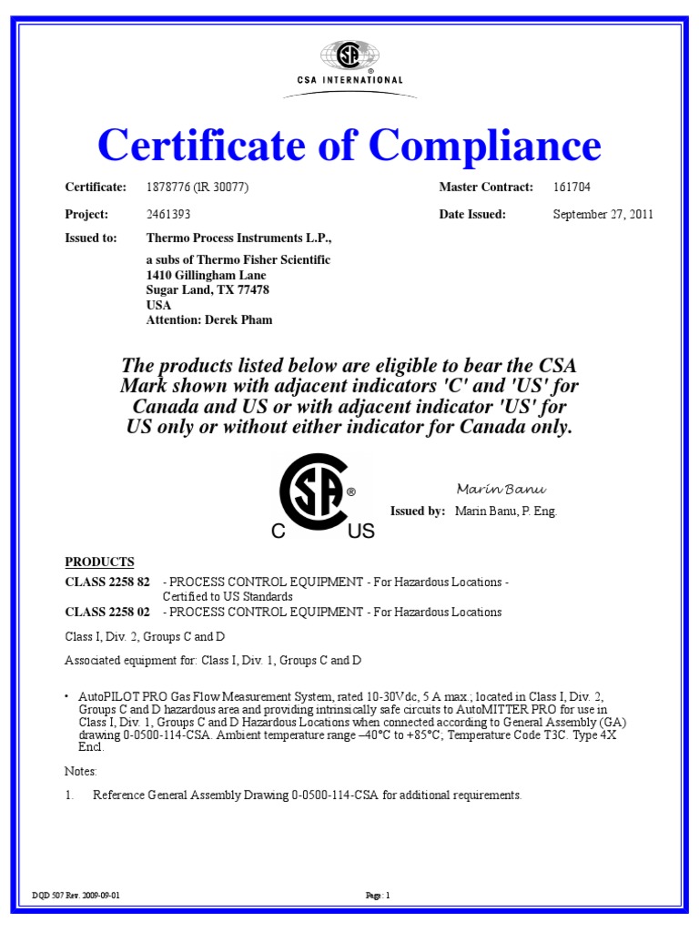 Certificado CSA para Uso em Área Classificada - AutoPILOT PRO | PDF ...