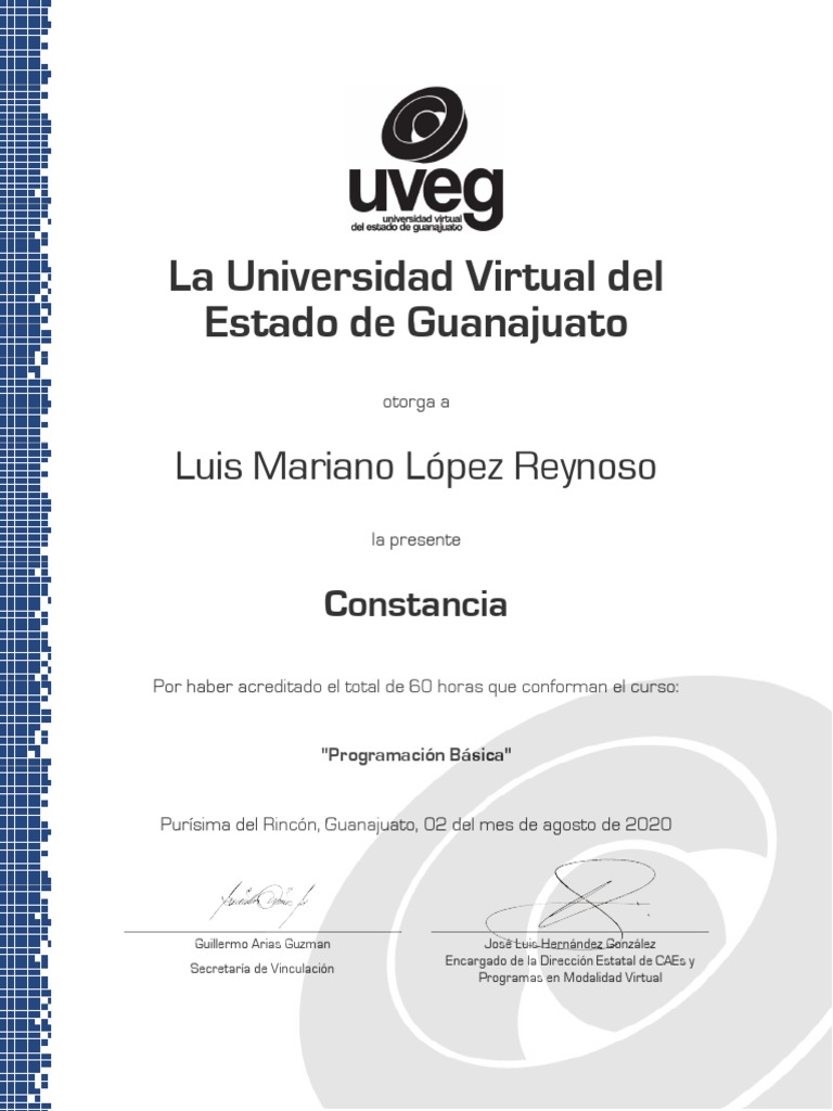 Constancia De Curso Uveg Programación Básica Pdf Negocios