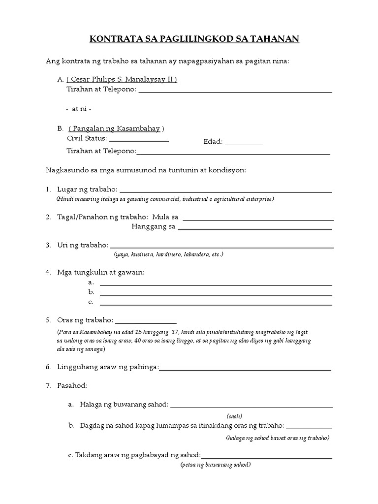 Kontrata Sa Paglilingkod Sa Tahanan (Filipino) | PDF