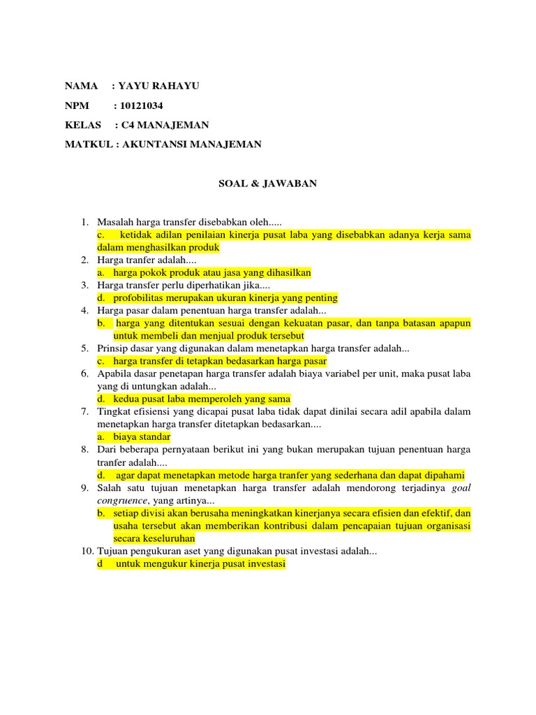 Tugas - Akmen - Penilaian Kinerja&harga Transfer - Yayu Rahayu - 10121034 - C4 Manajeman | PDF