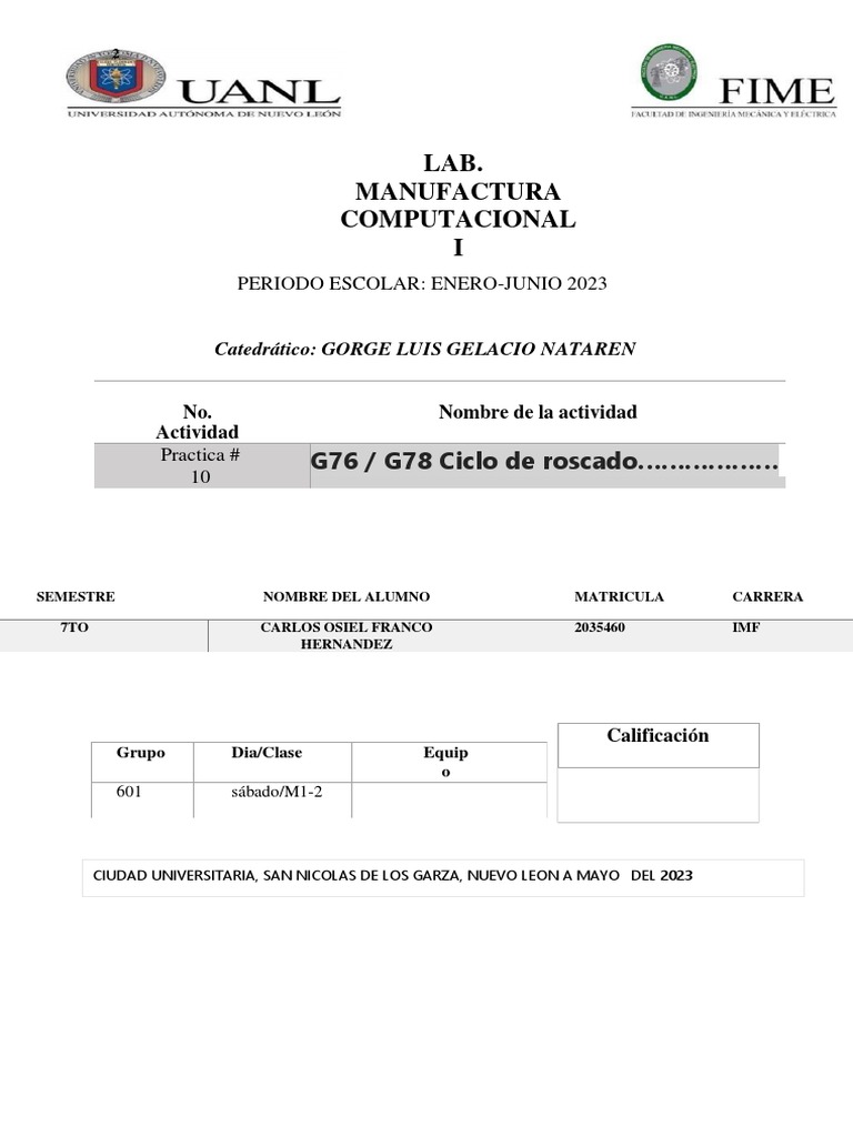 Lab. Manufactura Computacional I: G76 / G78 Ciclo de Roscado | PDF