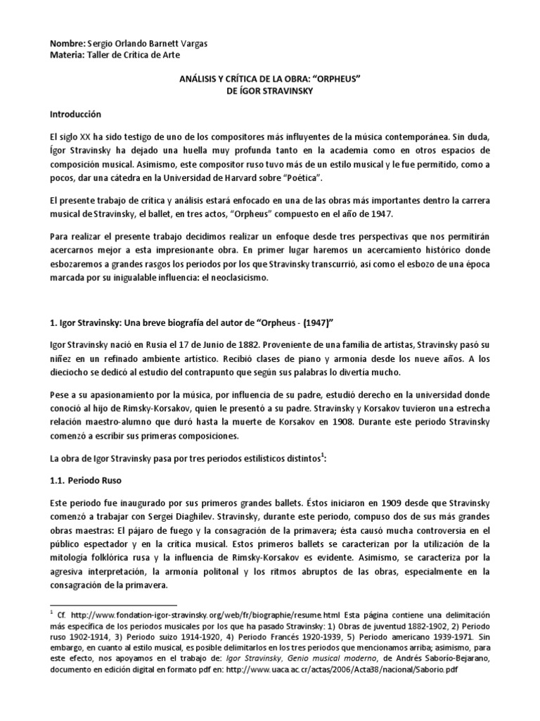 Trabajo Final Stravinsky - Orpheus | PDF | Orfeo | Musica romantica