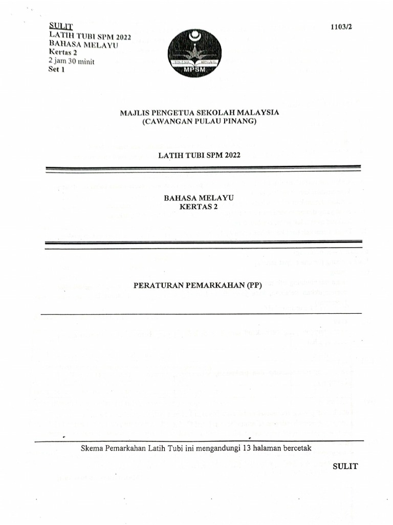 2022 Penang Bahasa - Melayu K2 Set - 1 Jawapan | PDF