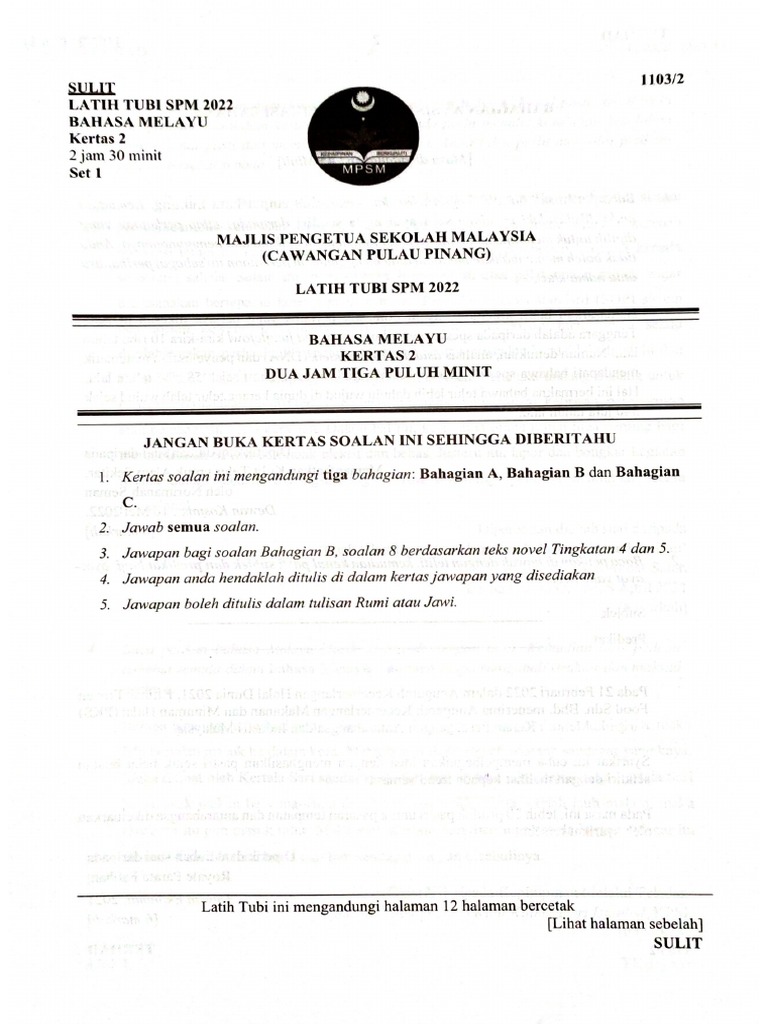 2022 Penang Bahasa - Melayu K2 Set - 1 | PDF