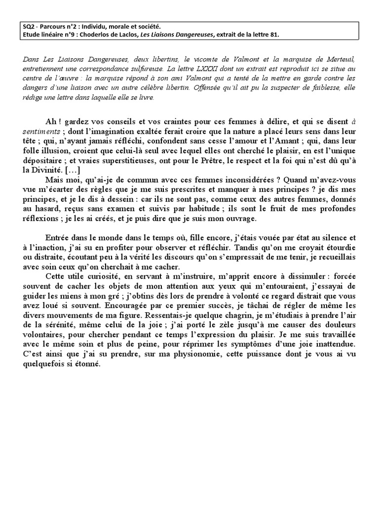 Analyse de la lettre 81 des Liaisons dangereuses | PDF