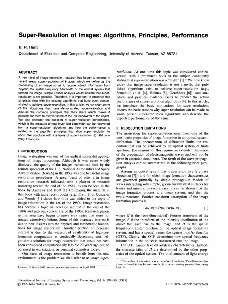 Hunt 1995 - SR of Images - Algorithms, Principles, Performance | PDF | Science & Mathematics