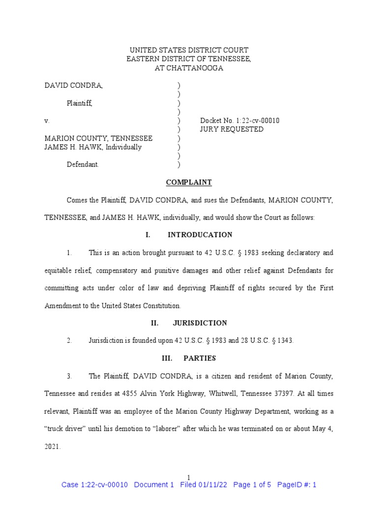 Federal Lawsuit - David Condra Vs Marion County, TN & James Hawk | PDF
