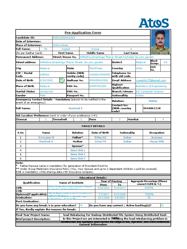 Pre-Application Form: Mother Poonkodi S | PDF | Employment