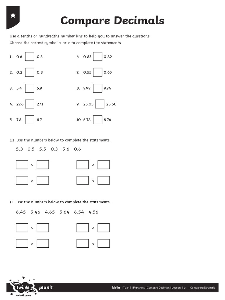 Comparing Decimals for Year 4 Maths | PDF | Numbers | Decimal