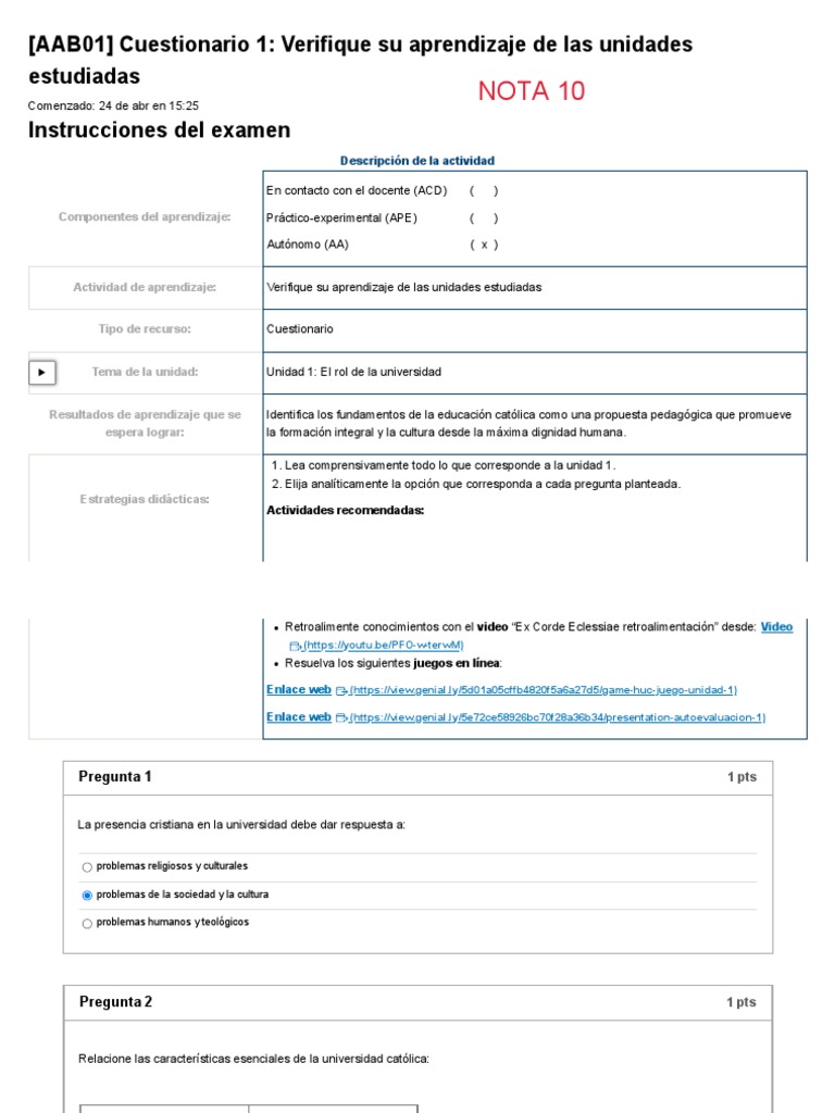 Examen - (AAB01) Cuestionario 1 - Verifique Su Aprendizaje de Las Unidades Estudiadas | PDF ...