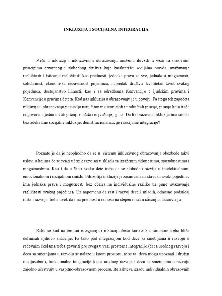 Inkluzija I Socijalna Integracija | PDF