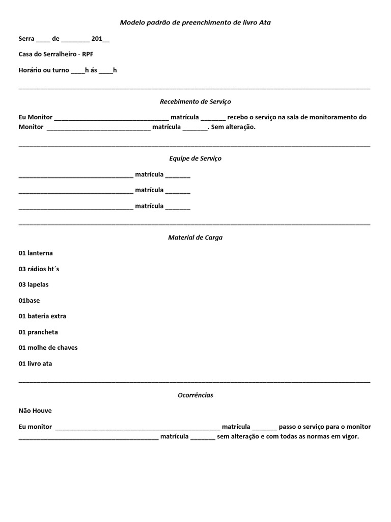 Modelo padrão de preenchimento de livro Ata | PDF