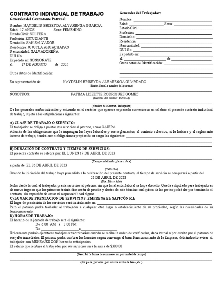 Contrato Individual de Trabajo | PDF | Salario | Tiempo de trabajo
