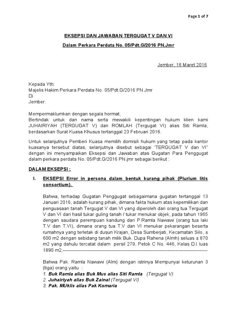 Eksepsi Dan Jawaban Tergugat V Dan v1 | PDF