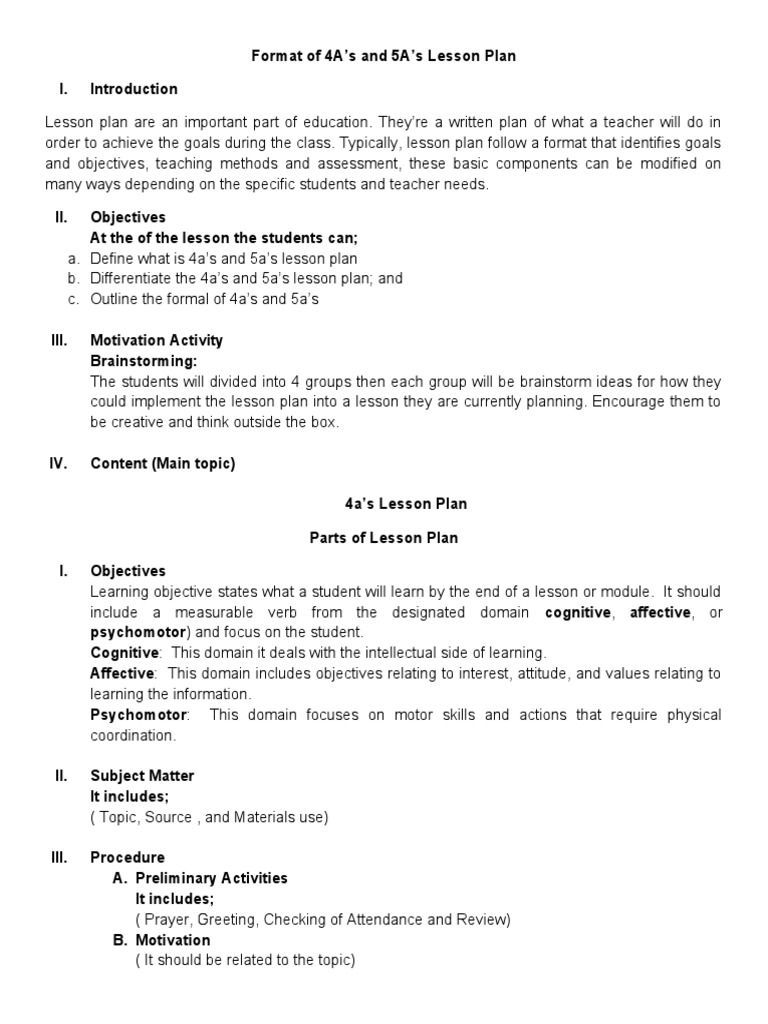 Format of 4a's Lesson Plan | PDF | Lesson Plan | Learning