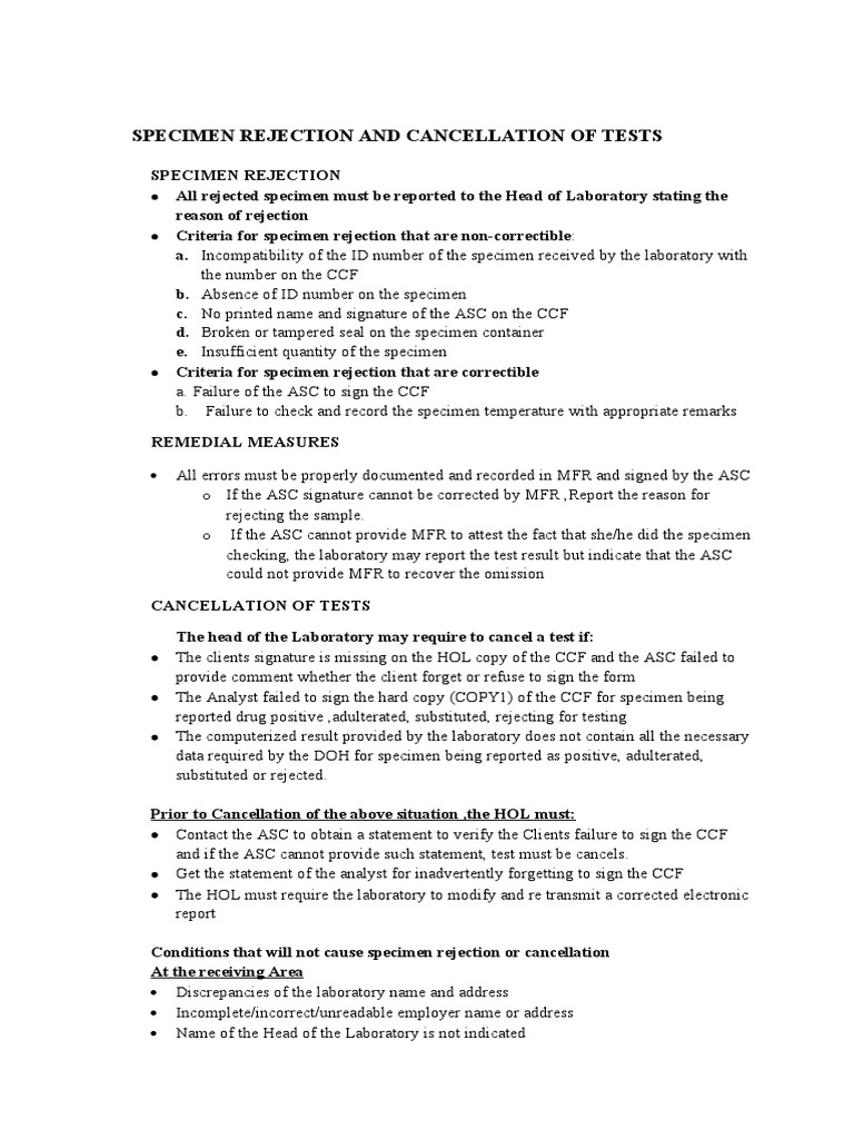 Rev 2 SPECIMEN REJECTION AND CANCELLATION OF TESTS | PDF