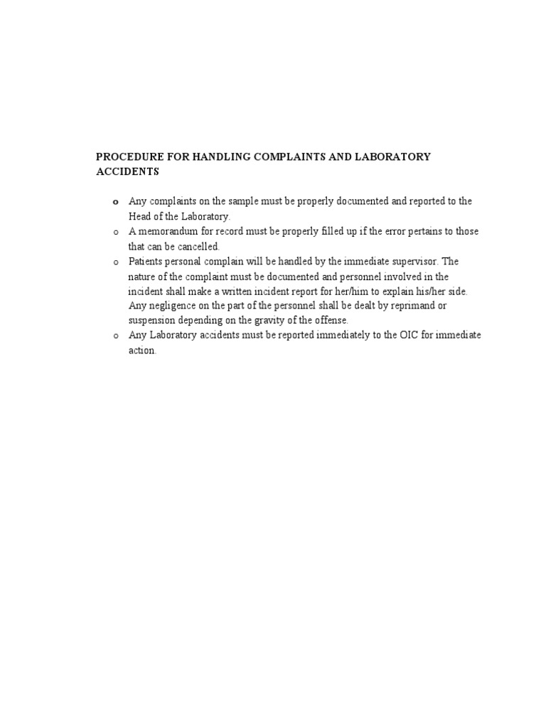 Procedures For Handling Complaints and Laboratory Accidents | PDF