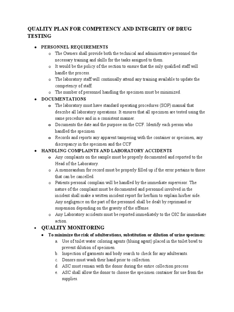 Quality Plan For Competency and Integrity of Drug Testing | PDF ...