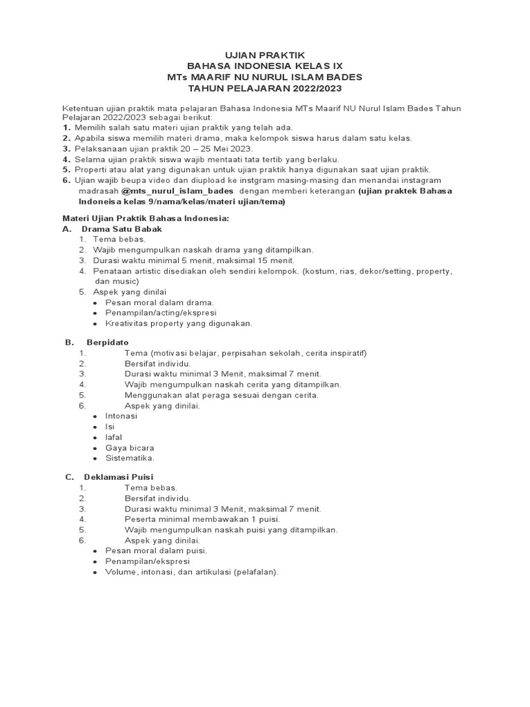 Ujian Praktek Kelas 9 Bindo | PDF