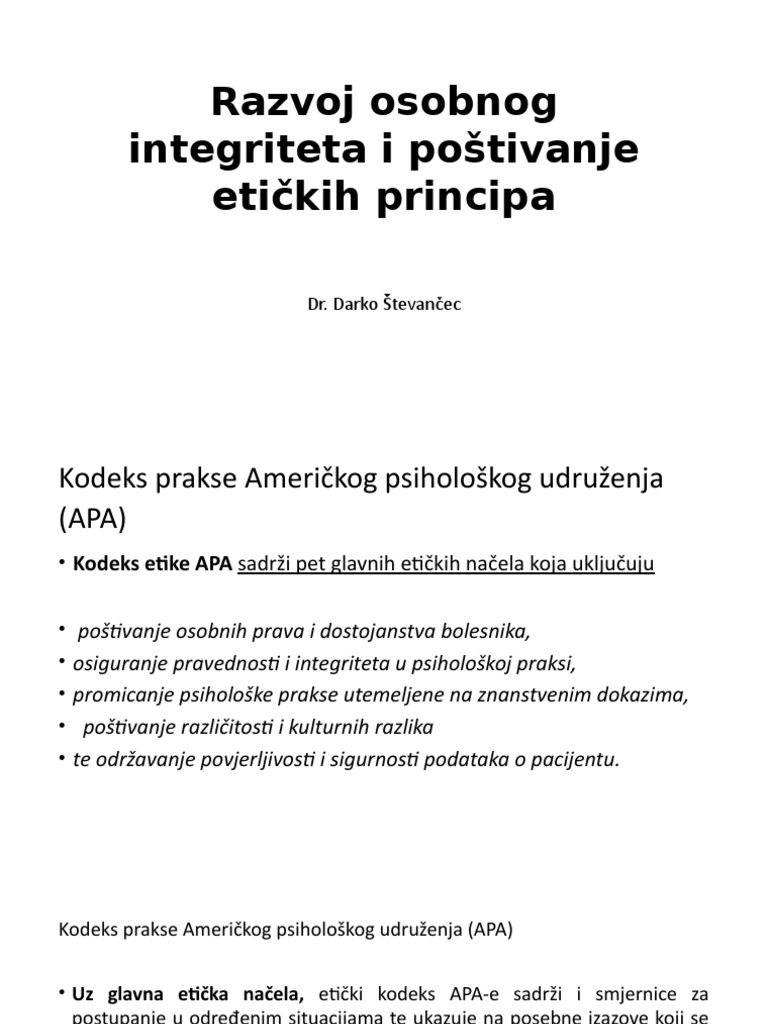 Razvoj Osobnog Integriteta I Poštivanje Etičkih Principa | PDF