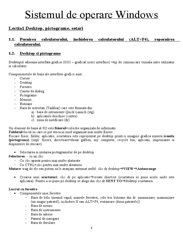 Sistemul de Operare Windows: Lectia1 Desktop, Pictograme, Setari | PDF