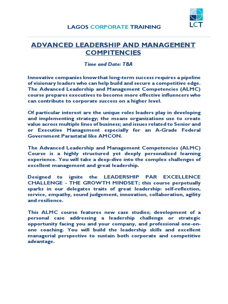 Advanced Leadership and Management Competencies Course | PDF