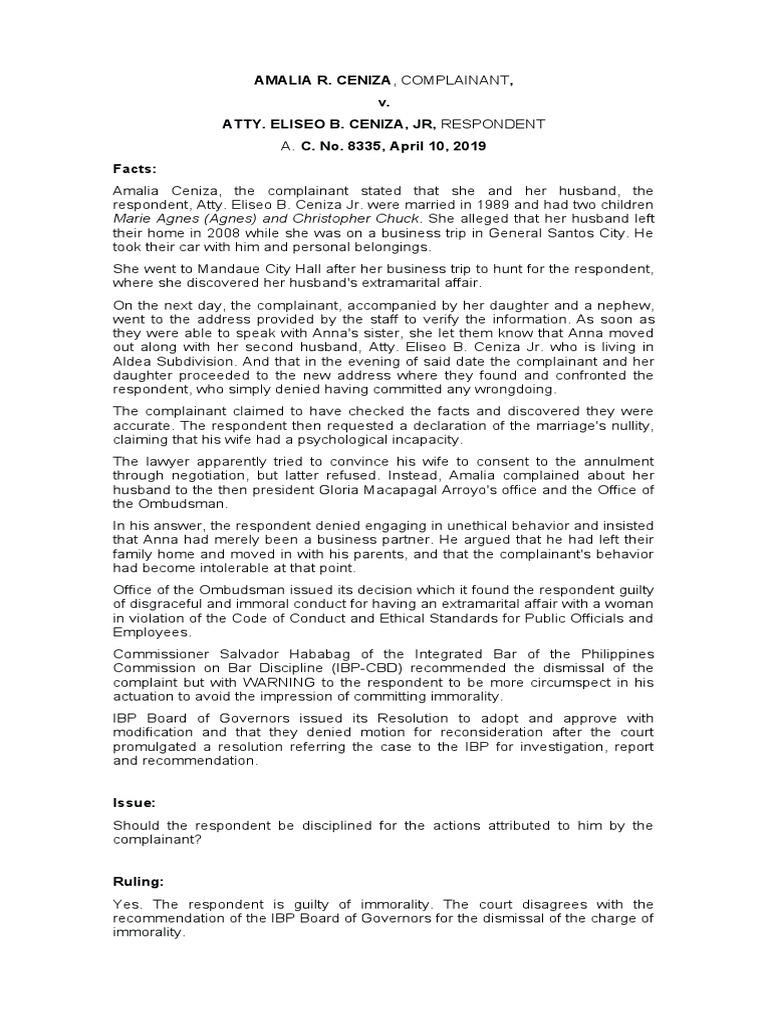 Ac No. 8335 Amalia R. Ceniza vs. Atty. Eliseo B. Ceniza, Jr. | PDF