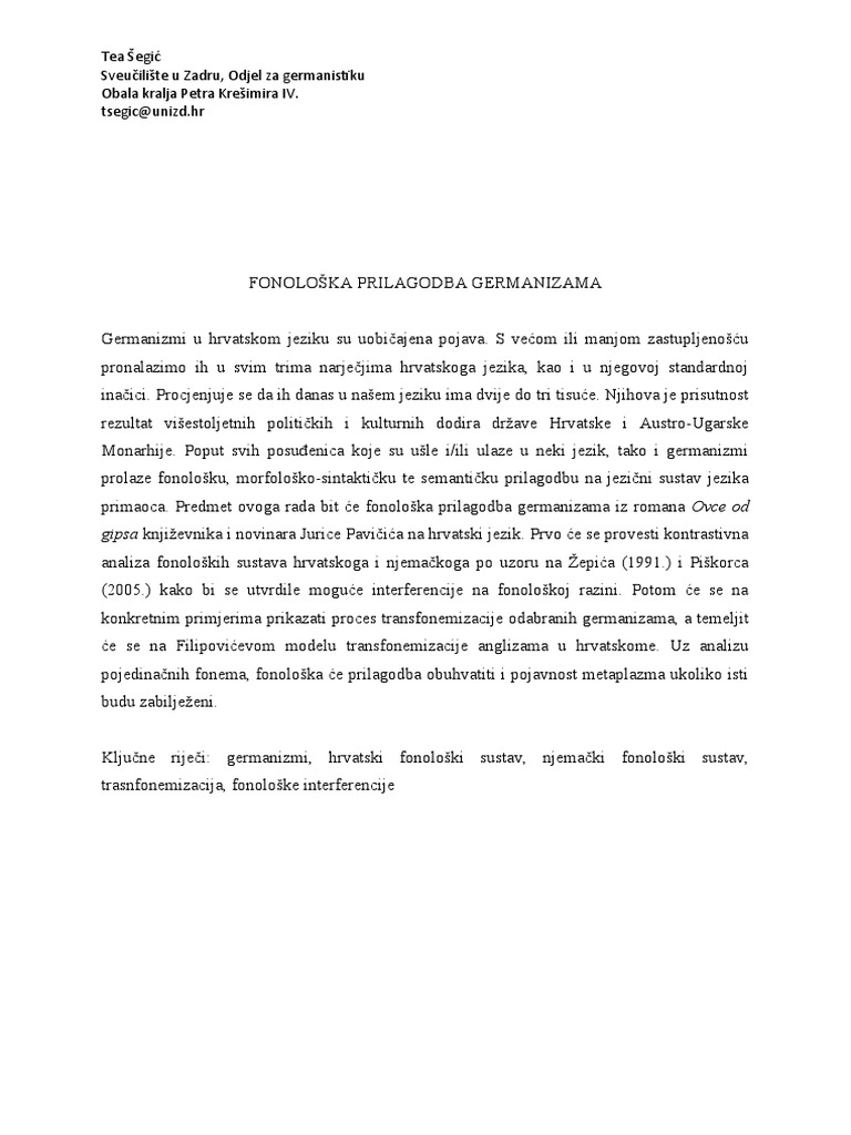 Fonološka Prilagodba Germanizama | PDF
