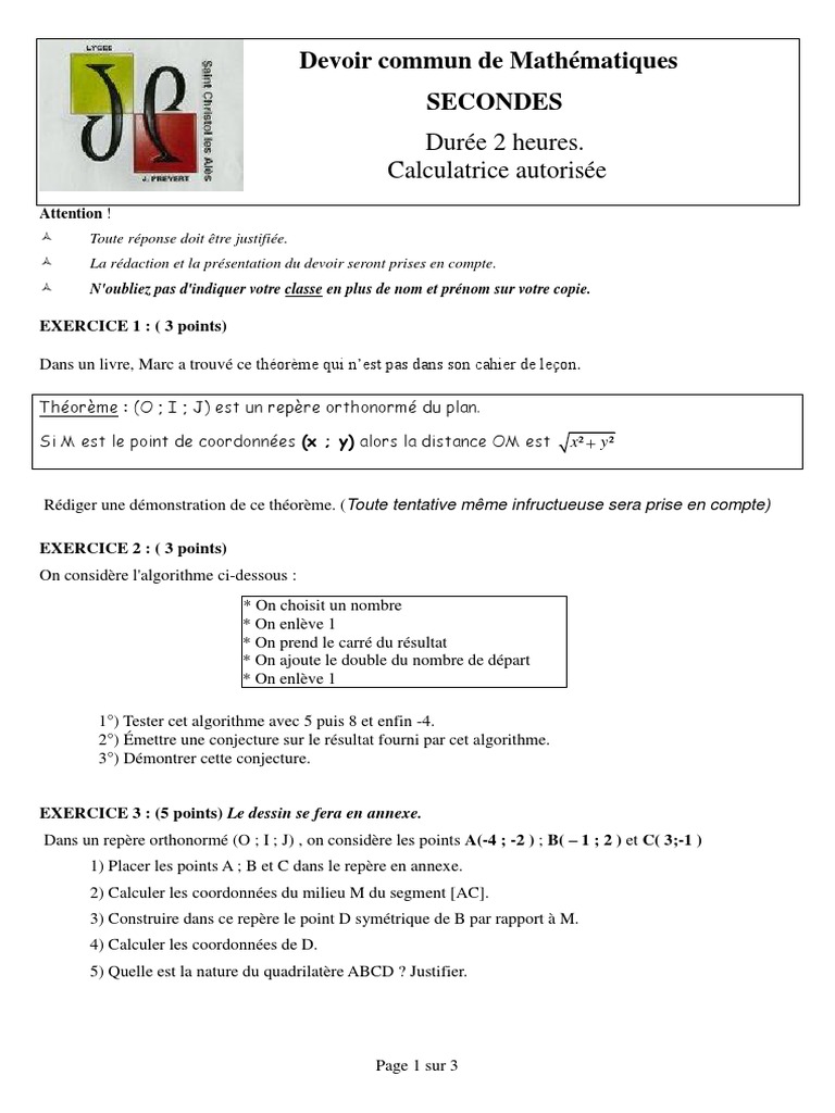 Devoir Commun 1er Trimestre | PDF | Géométrie | Concepts mathématiques