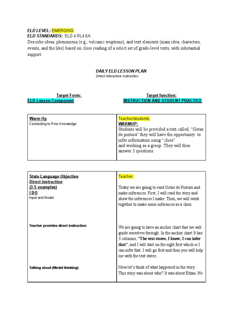ELD Lesson Plan: Inference Strategies | PDF