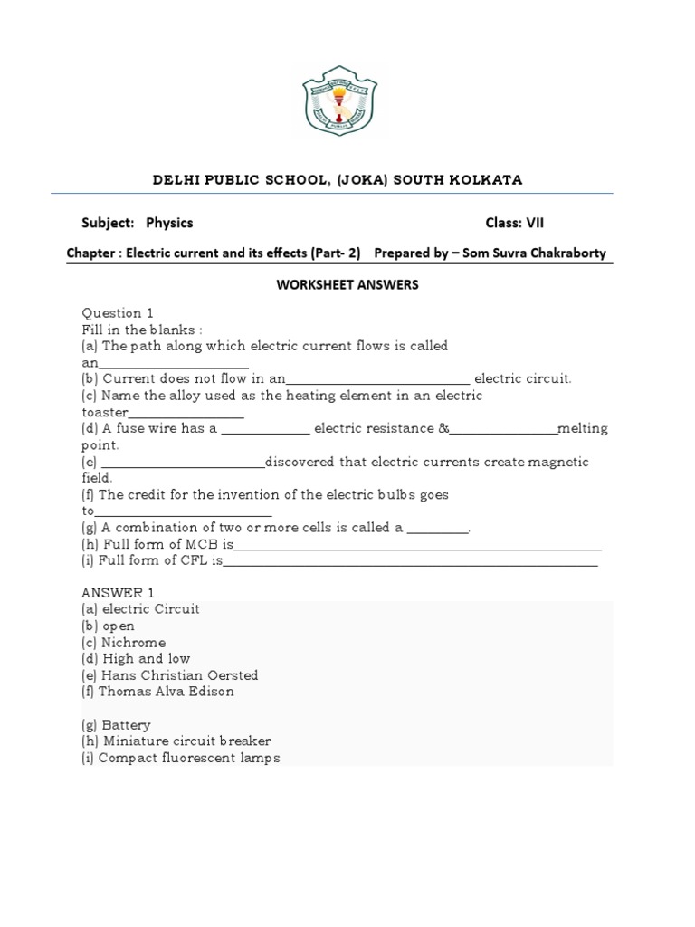 Worksheet Answer - VII - Electric Current and Its Effects (Part 2) | PDF