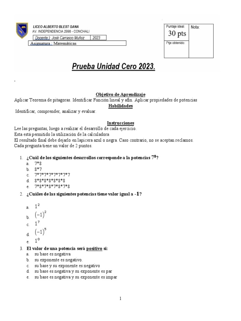 Prueba de Diagnostico 1B 2023 | PDF | Exponenciación | Triángulo