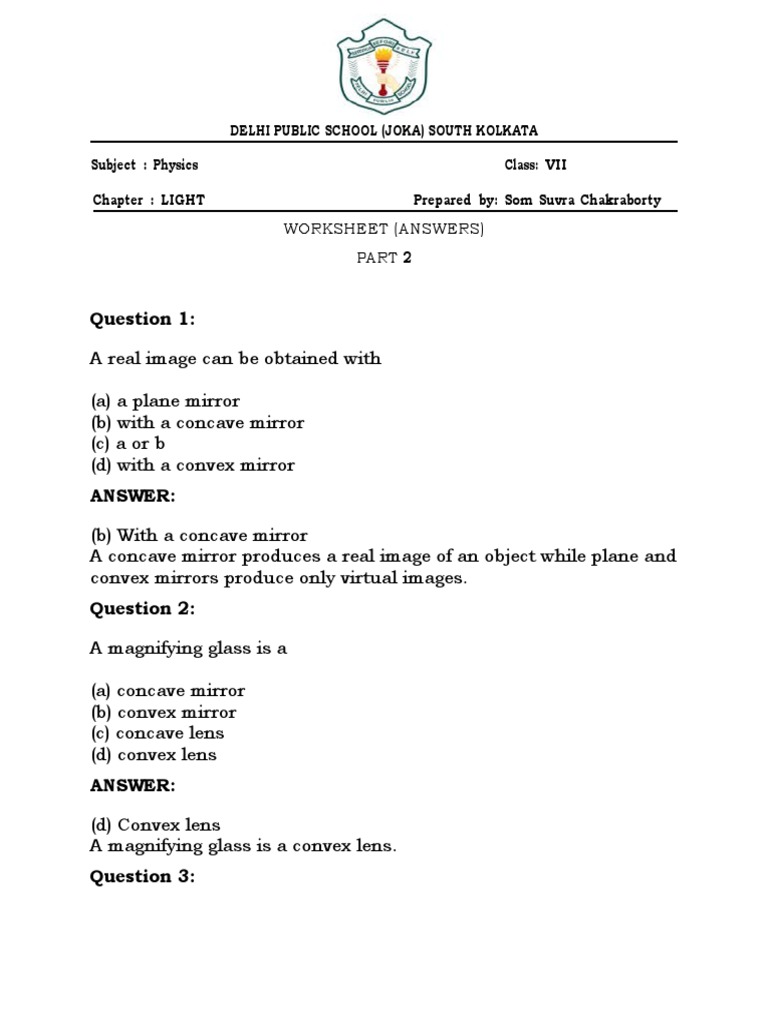 Class 7 Light Worksheet Answers | PDF | Mirror | Atomic