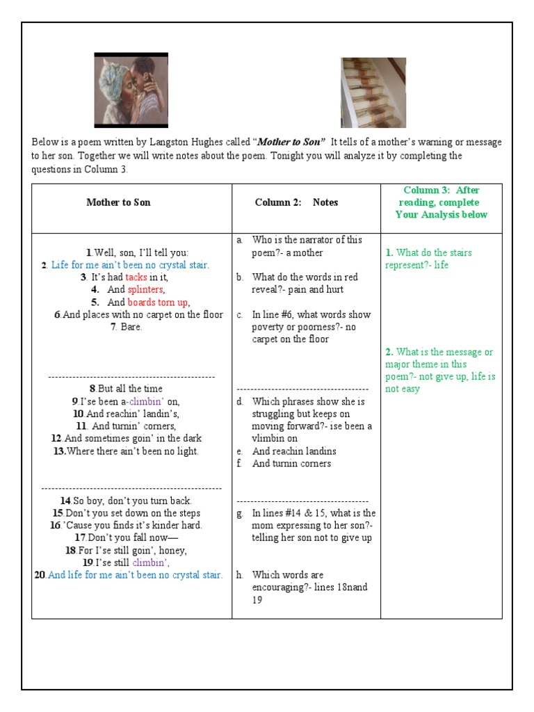 Mother To Son Poem & Analysis | PDF | Poetry | Poems