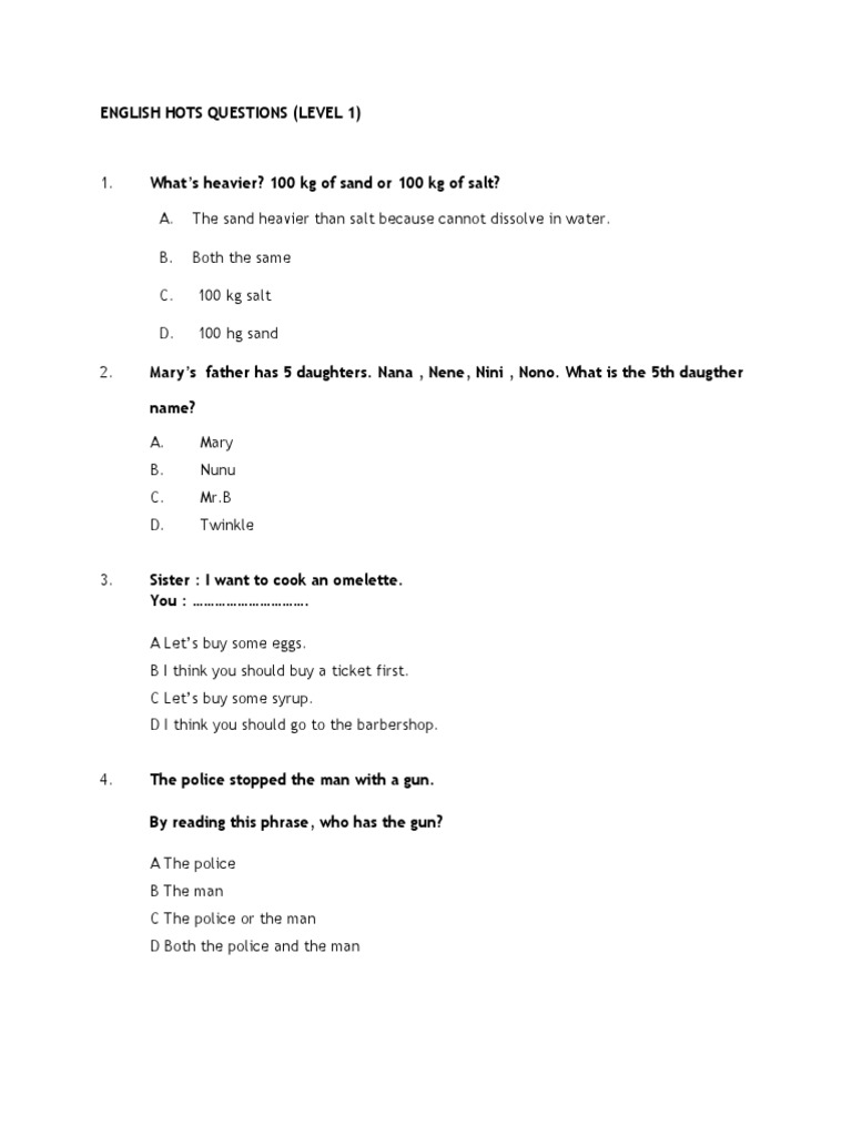 English Hots Questions Level 1 | PDF
