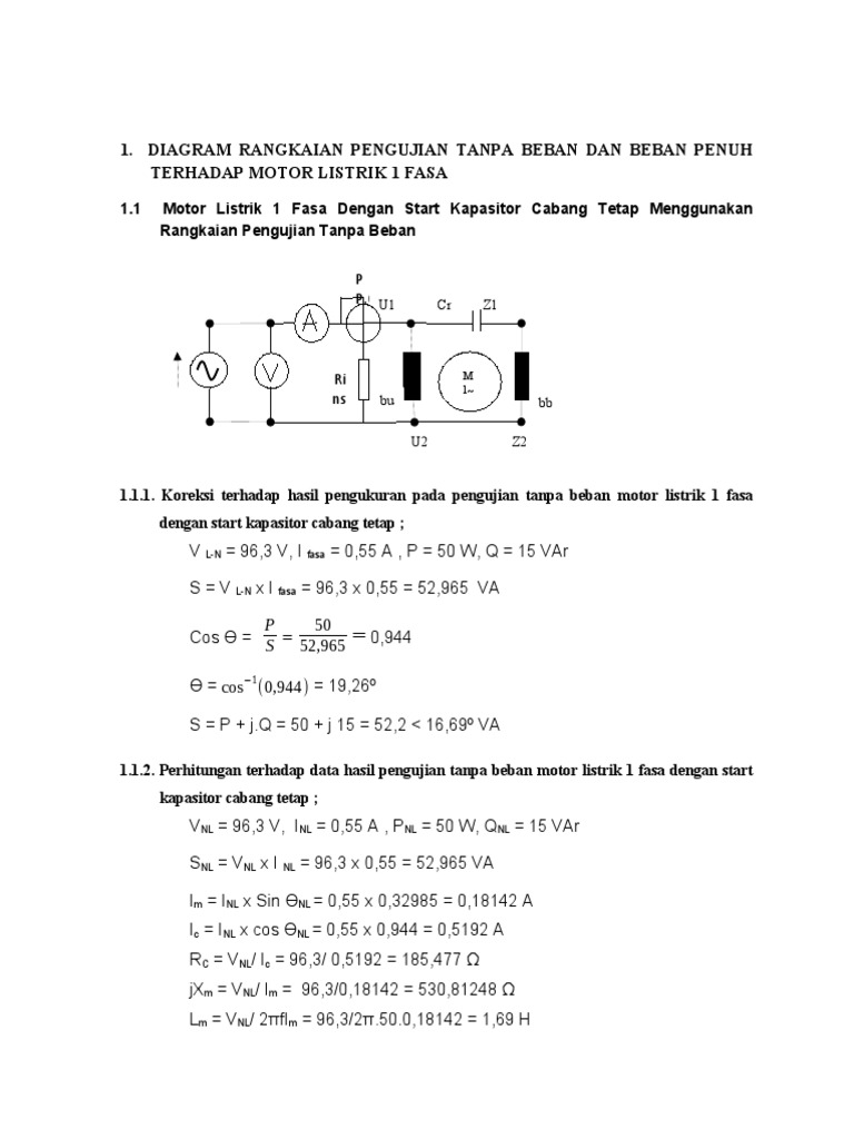 Diagram Rangkaian Pengujian Tanpa Beban Dan Beban Penuh Terhadap Motor Listrik 1 Fasa | PDF