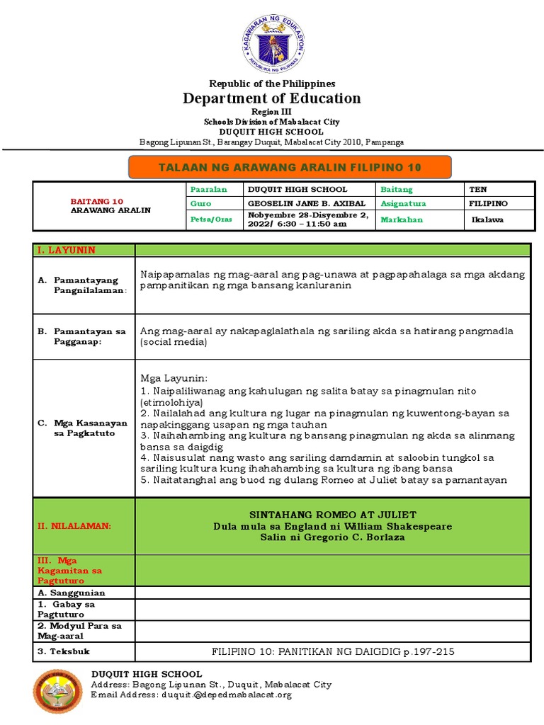 DLP Filipino 10 Q2 W3 | PDF