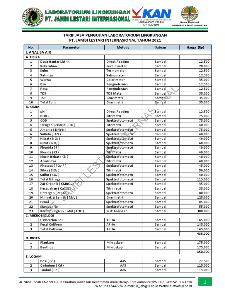 Daftar Harga Parameter Analisis Lab PT Jli | PDF