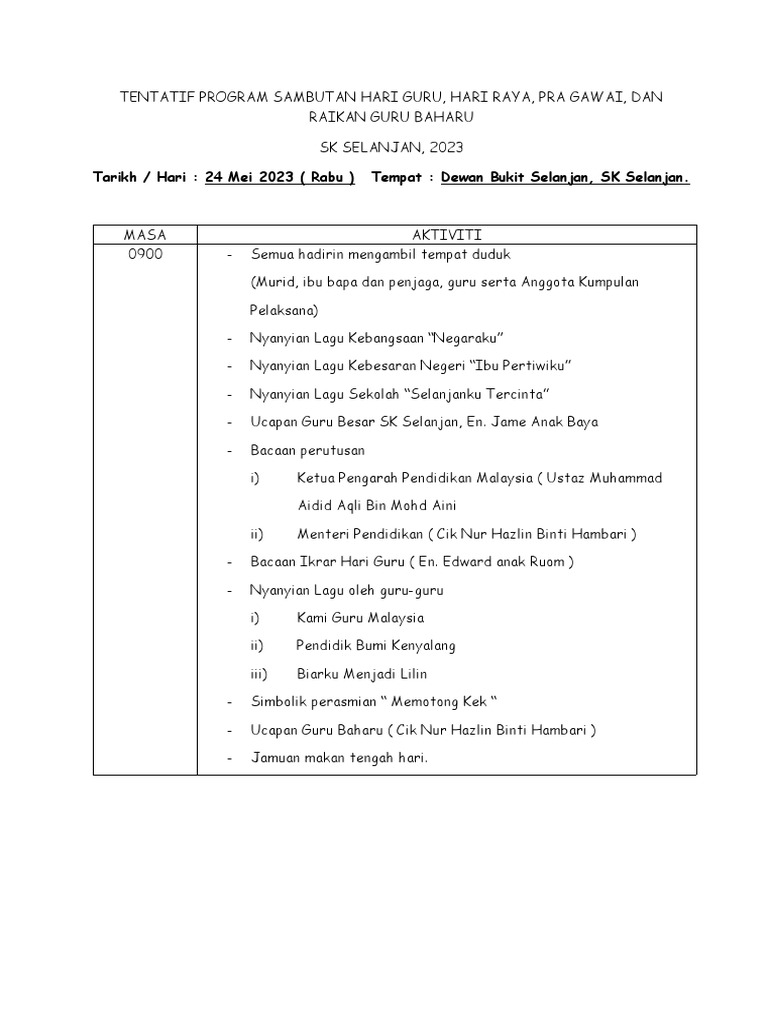 Tentatif Program Sambutan Hari Guru 2023 | PDF Tentatif Program Sambutan Hari Guru 2023 | PDF
