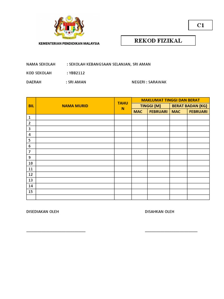Borang C1 RMT Rekod Fizikal Murid 2023 | PDF