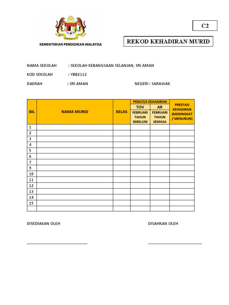 Borang C2 RMT Rekod Kehadiran Murid 2023 | PDF