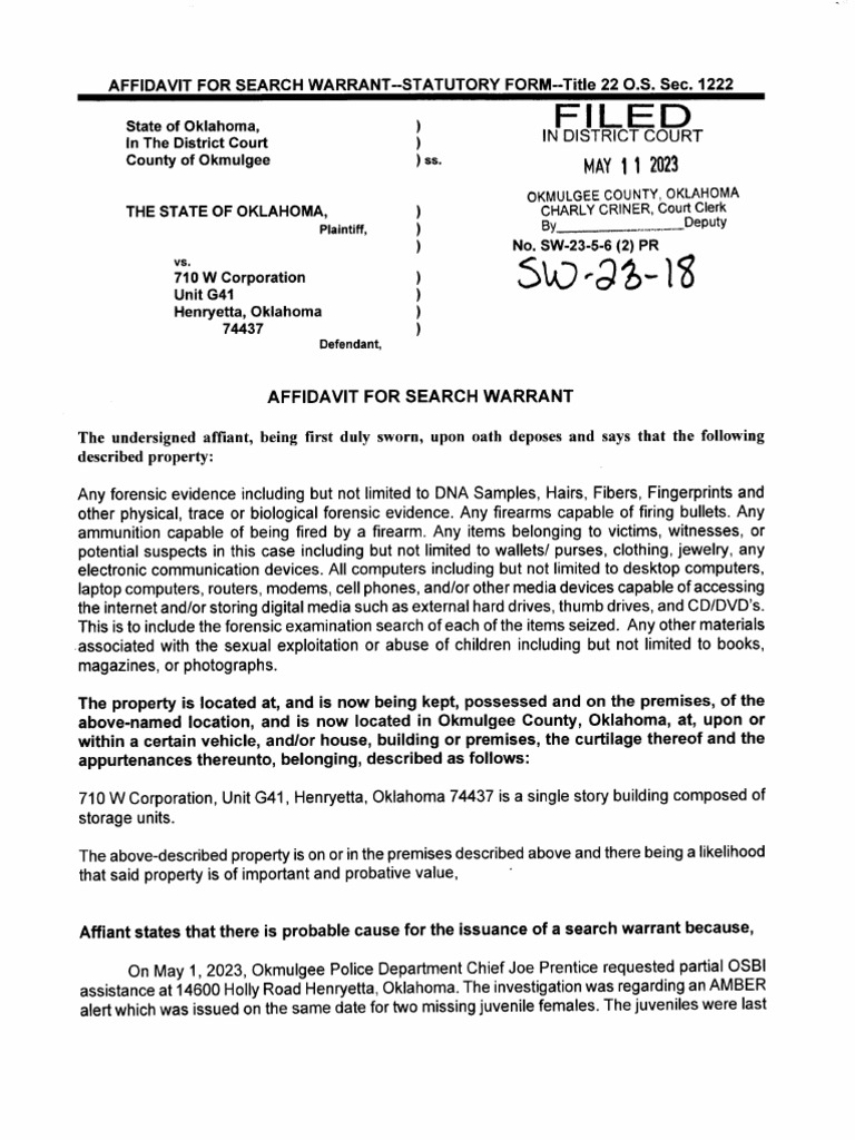 Jesse McFadden Search Warrant - Storage Unit | PDF