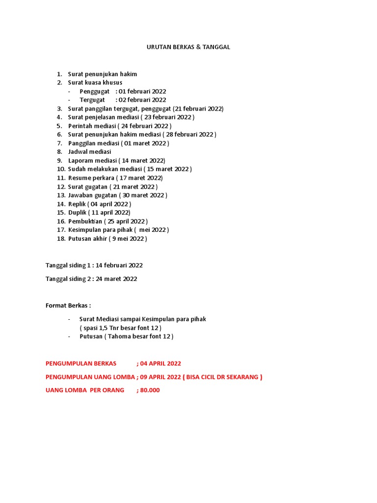 Urutan Berkas Mediasi Perkara 2022 | PDF