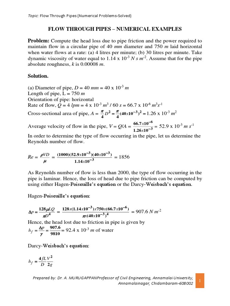 FlowThroughPipes NumericalProblems Solved | PDF | Reynolds Number | Fluid Dynamics