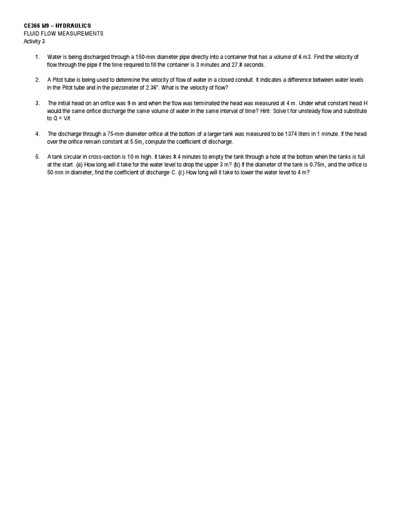 Hydraulics Fluid Flow Exercises | PDF